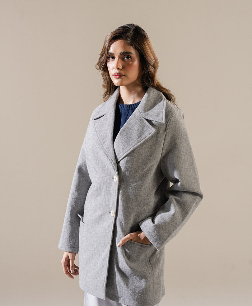 Herring Bone Grey Long Coat (Women) - FITTED