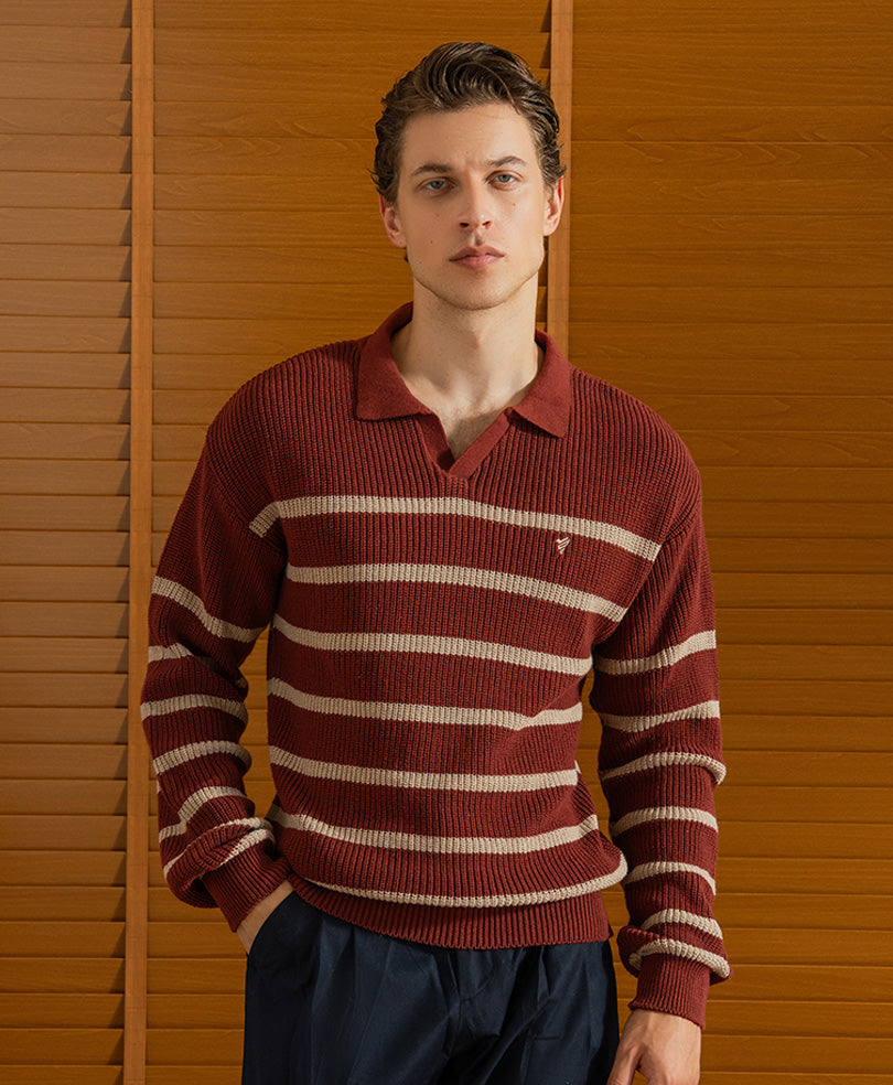 Rustic Maroon Knitted Full Sleeve POLO – FITTED