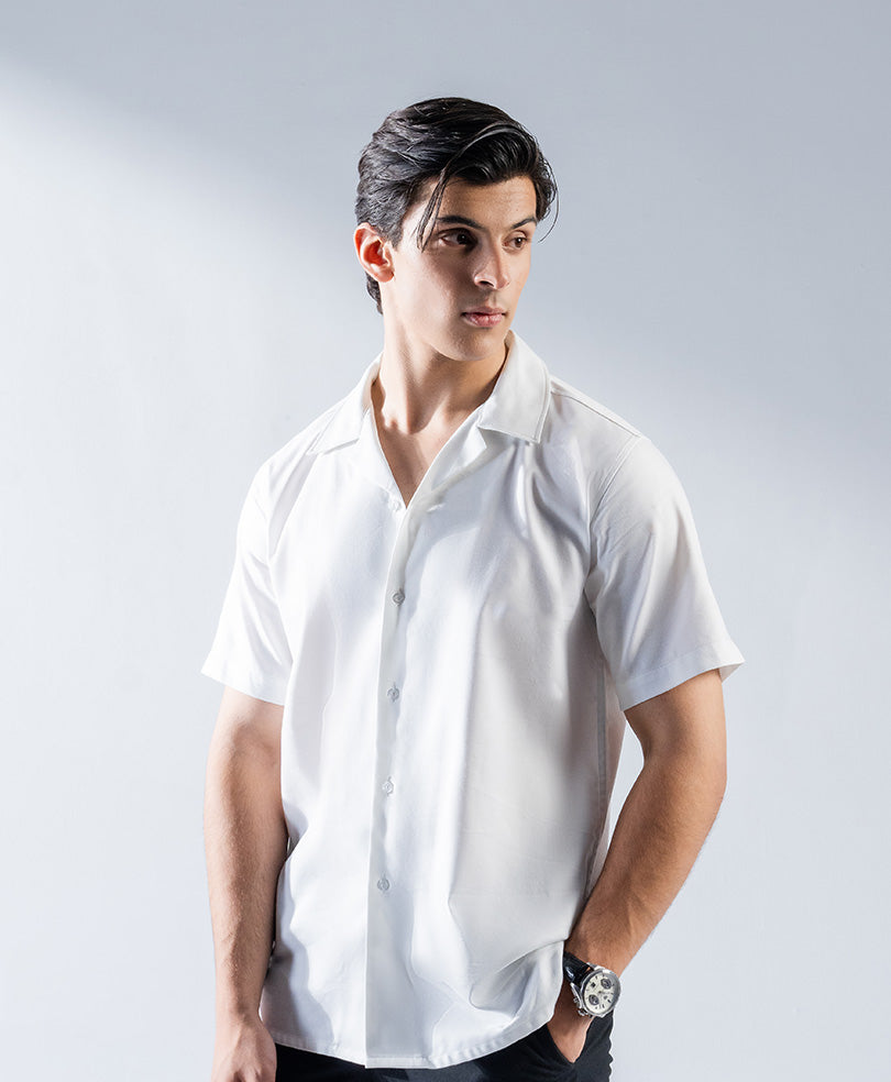 White Cuban Collar Shirt - FITTED